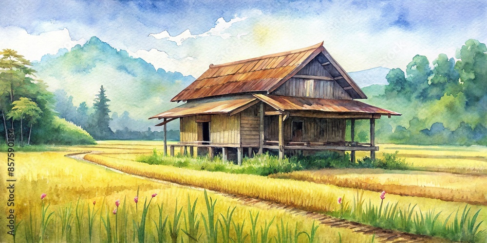 2D watercolor of a traditional rice barn in a rural setting, rice barn ...
