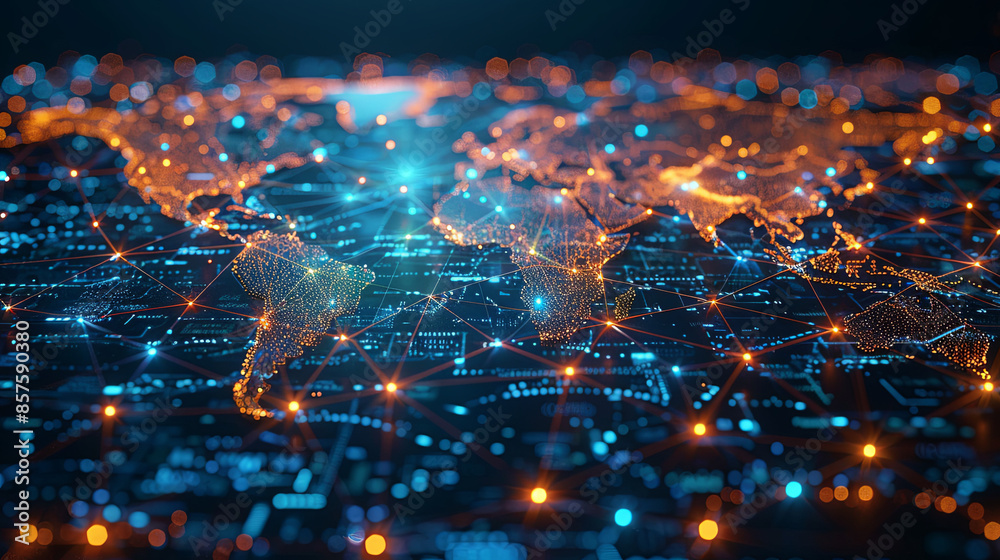 World Map with Glowing Digital Connections Between Countries and Cities ...