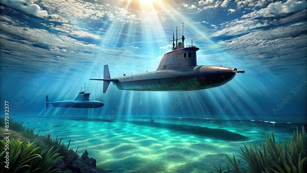 Naval submarine floating and half submerged in shallow water, Military ...