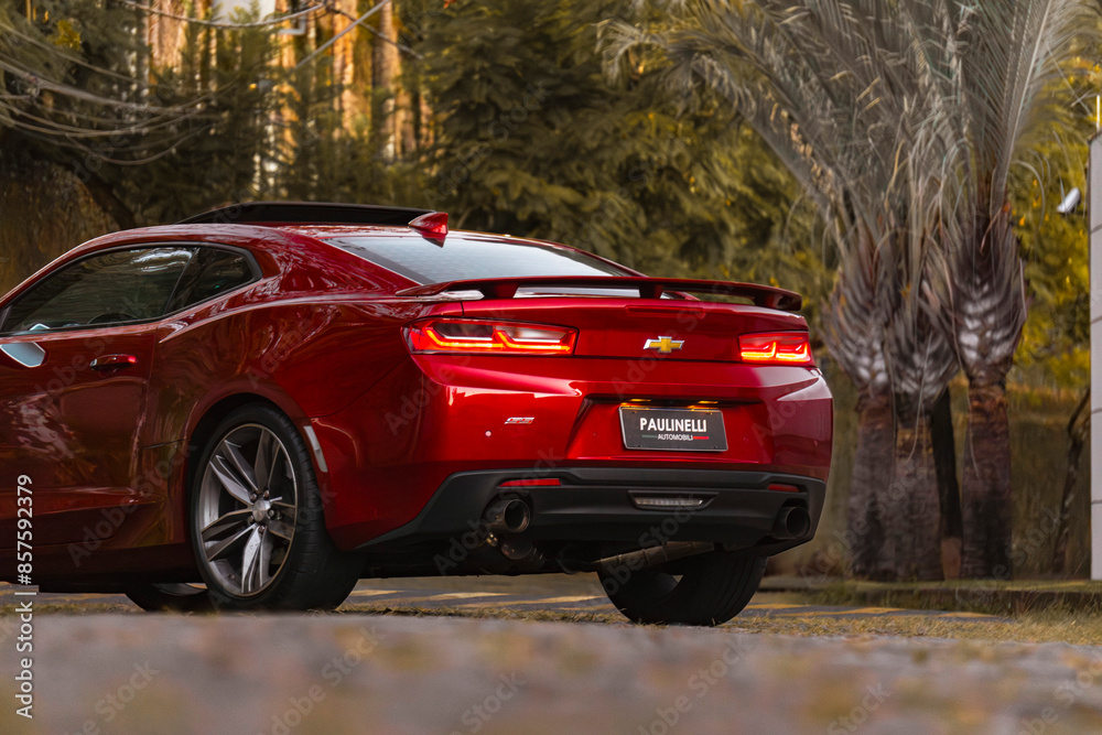 Red Chevrolet Camaro rear end, american muscle car external shot, trees ...