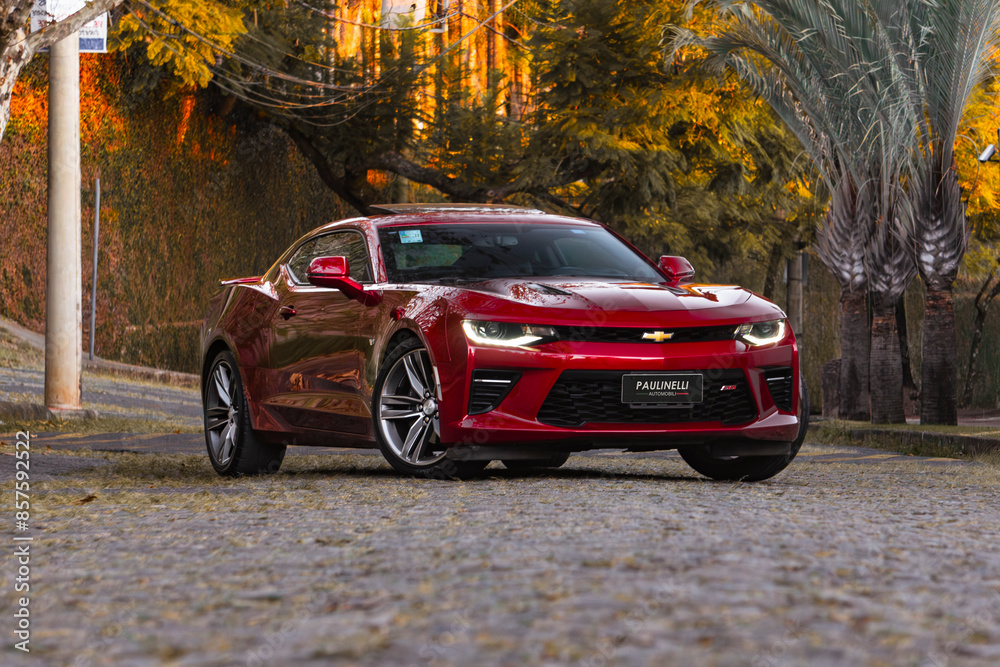 Garnet Red Chevrolet Camaro in beautiful road during sunset, front view ...