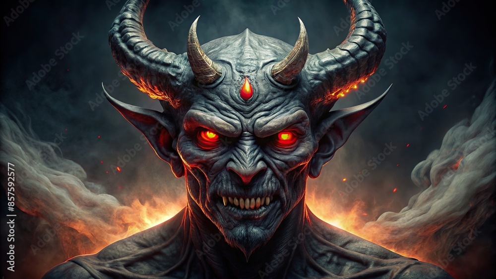 Grim and terrifying demons with horns and glowing red eyes, demon ...