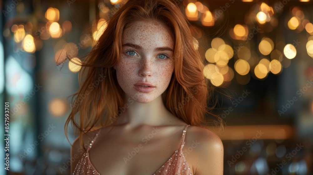 Fashion portrait of red-haired woman with freckles in elegant evening ...