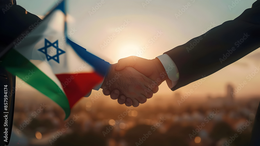 People holding hands with national flags of Palestine and Israel ...