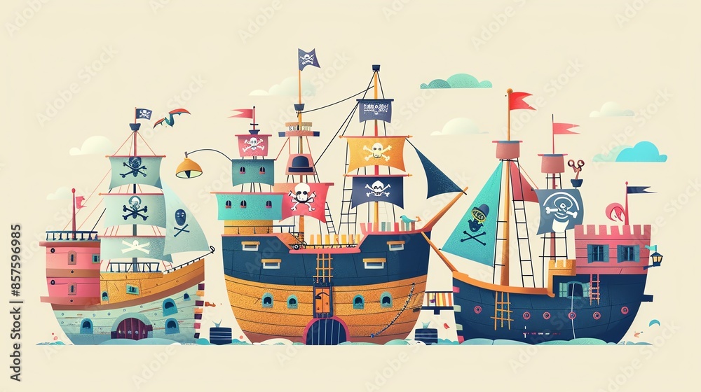 pirate fleet flat design, side view, adventure theme, cartoon drawing ...