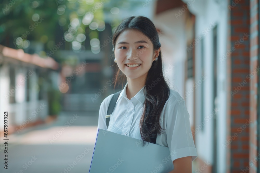 a high school-aged Asian student girl dons a smart suit or school uniform while holding a folder ...