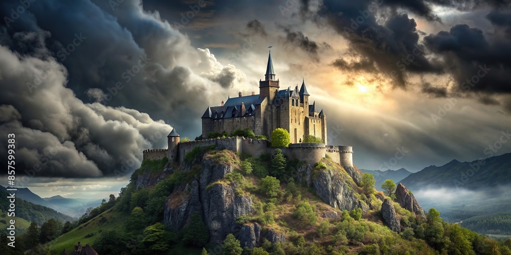 Epic medieval castle on a mountain with dark clouds looming overhead ...