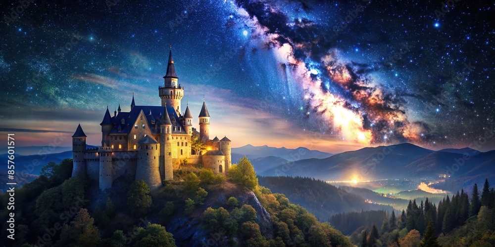 Castle standing majestic under a starry night sky , fortress ...