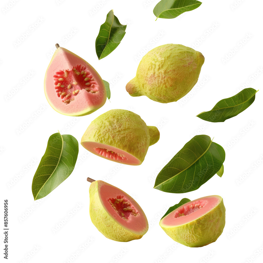 Fresh ripe guava with leaves floating in the air on a yellow background ...