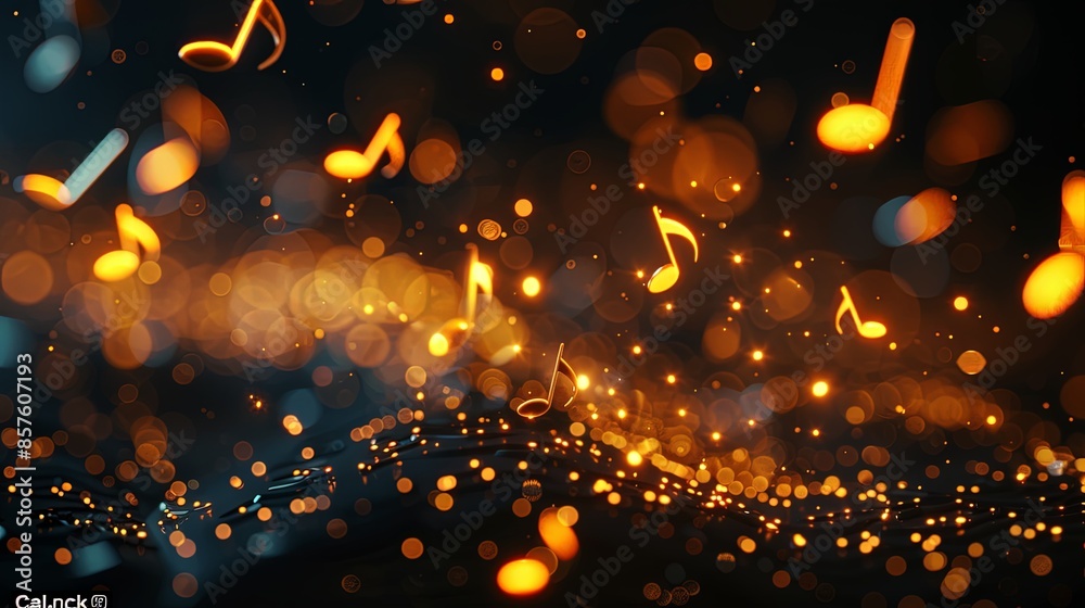 This image depicts multiple orange music notes floating freely against ...