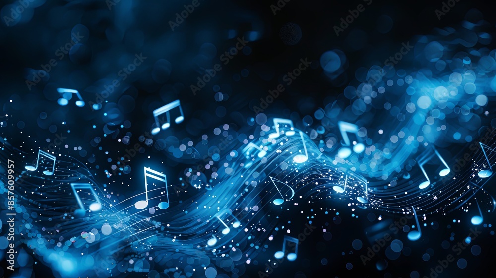 This image displays blue musical notes flowing through a mystical ...