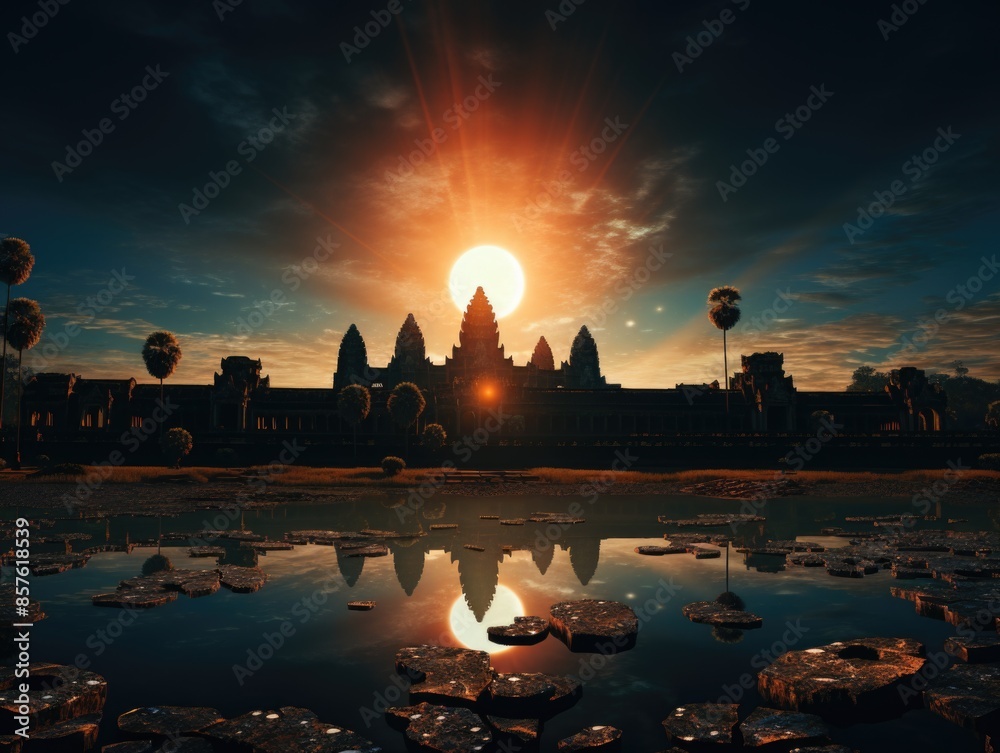 A total solar eclipse casting a shadow over the ancient temples of ...