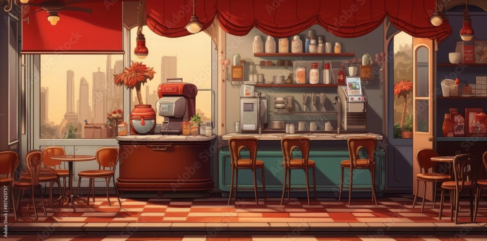 animated cafe background featuring a variety of chairs and tables ...