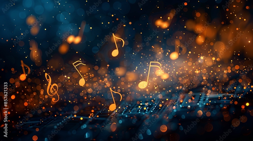 Dynamic orange musical notes are scattered over a blue, sparkling ...