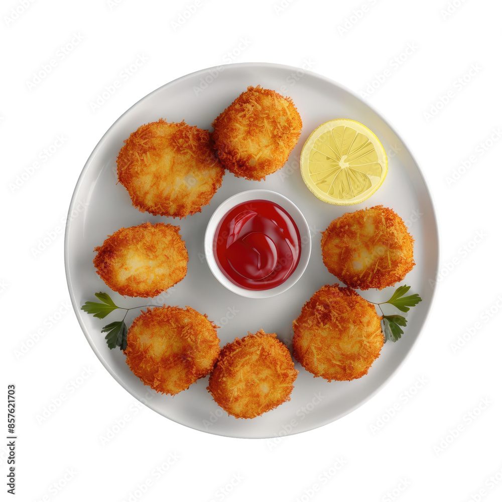 Breaded chicken patties or crispy fish cakes served with ketchup and ...