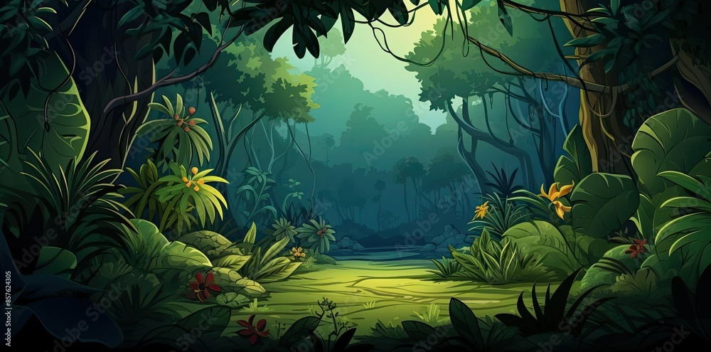 cartoon jungle background featuring a large tree and a vibrant red ...