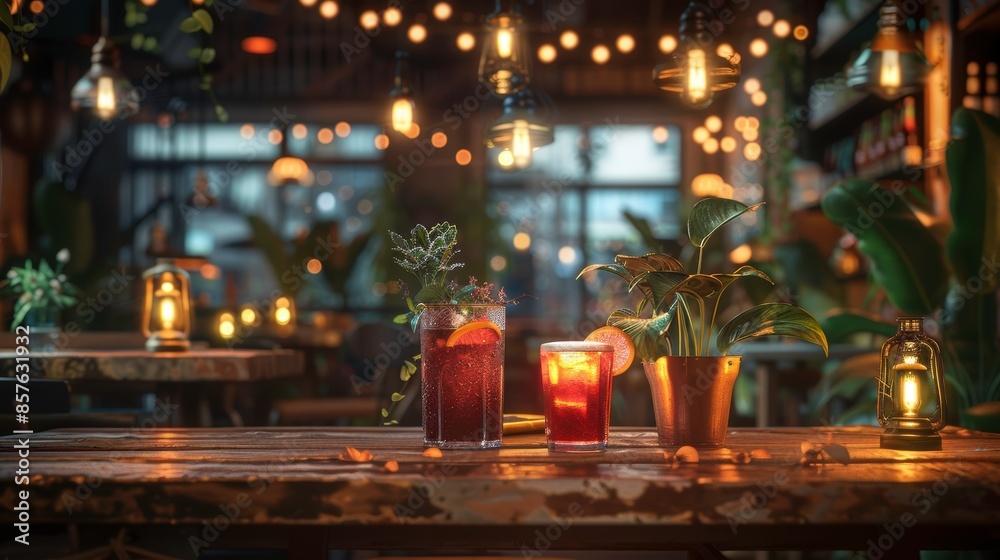 Cozy evening in cocktail bar with with several different cocktails on a ...