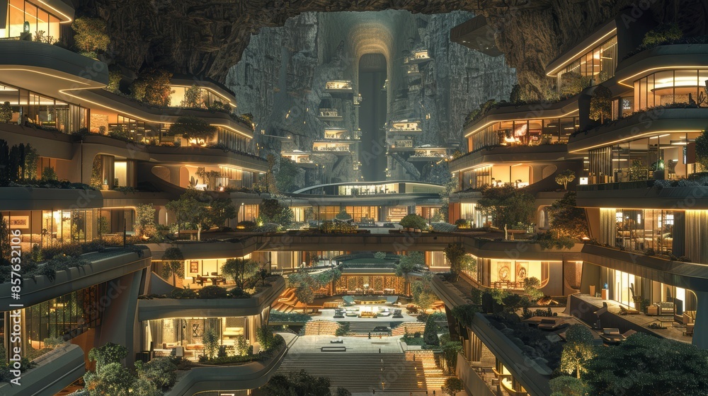 cross section view of large underground cyberpunk cavern. The walls are ...