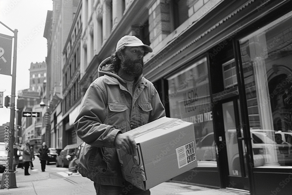 black and white photo of a delivery guy walking caring a package while ...