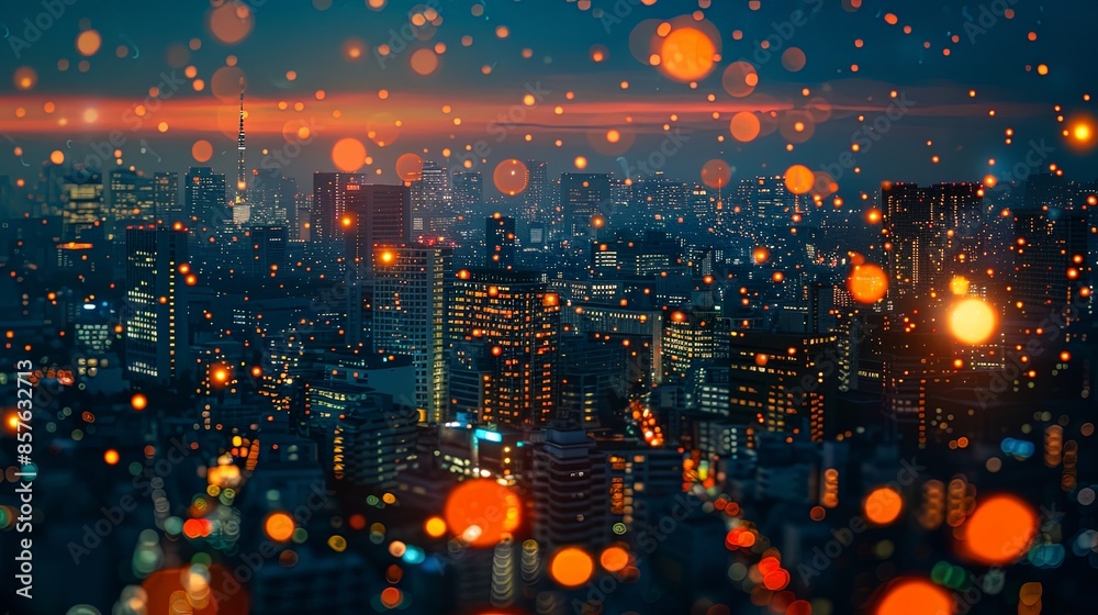 A dynamic night view of a city with a magical display of glowing light ...