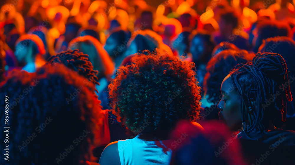 Back view of diverse crowd enjoying a concert, warm stage lighting ...