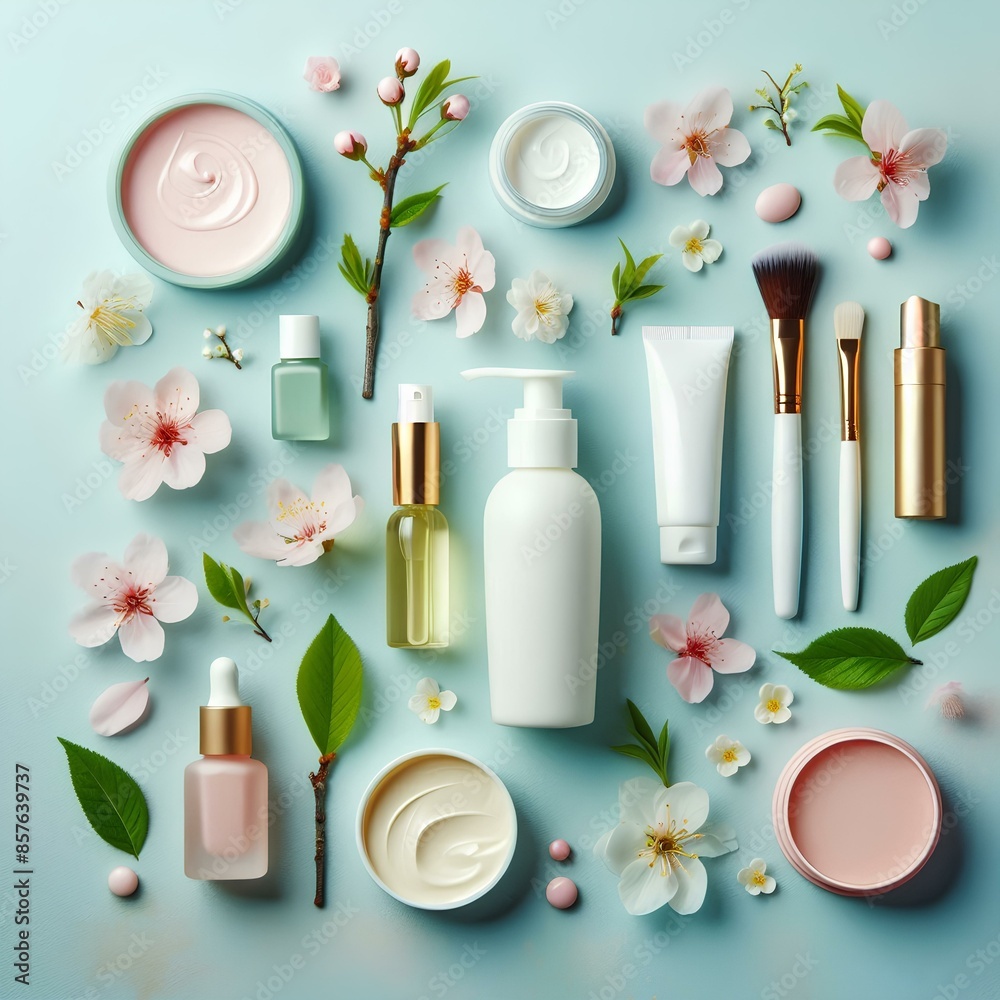 Beauty background with facial cosmetic products, leaves, and cherry ...