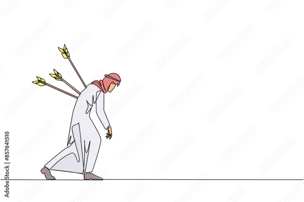 Single continuous line drawing Arab businessman standing and several ...