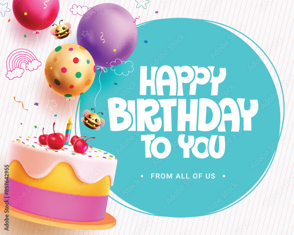 Happy birthday greeting vector template design. Birthday cake and balloons elements decoration ...