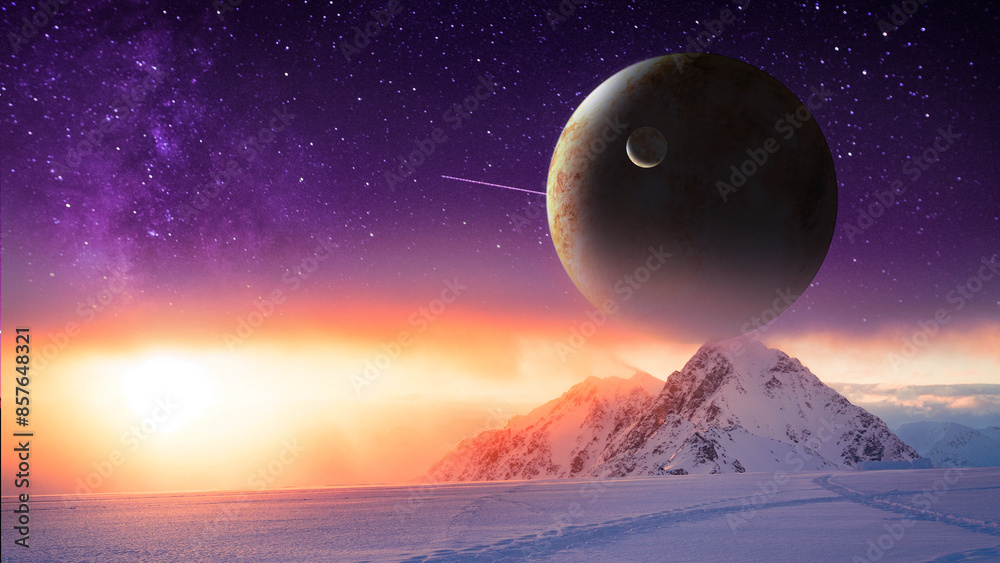 A beautiful sun setting over an horizon of an icy alien landscape that ...