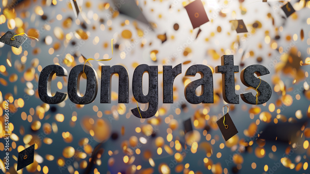 Congrats Grad Graduation Celebration Black and Gold 3D Text White ...