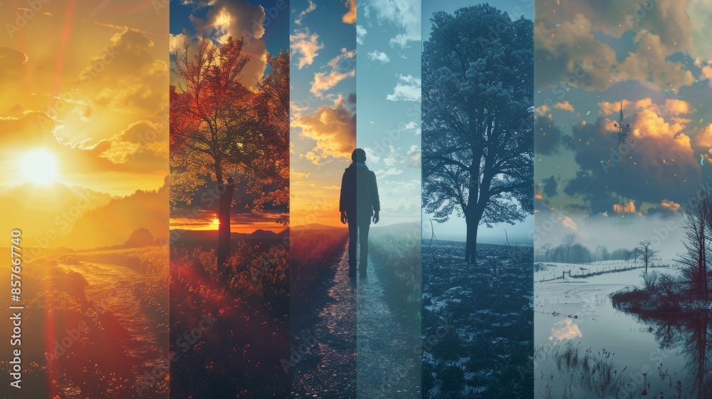 Collage of time and weather transitions from first person view, seasons ...