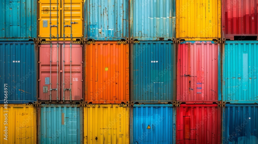 Colorful cargo containers arranged in tall stacks, sea freight and ...