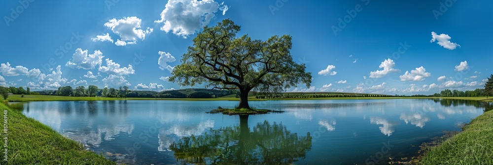 One big tree in the middle around the lake. The concept of ecology ...