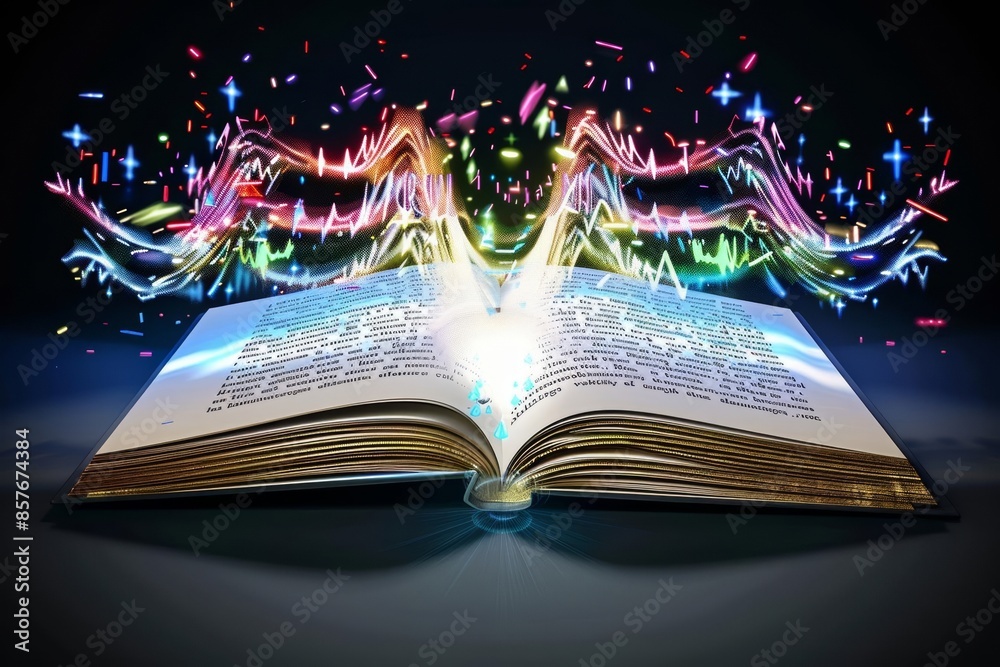 Magical open book with colorful lights and sparkles emerging from its ...