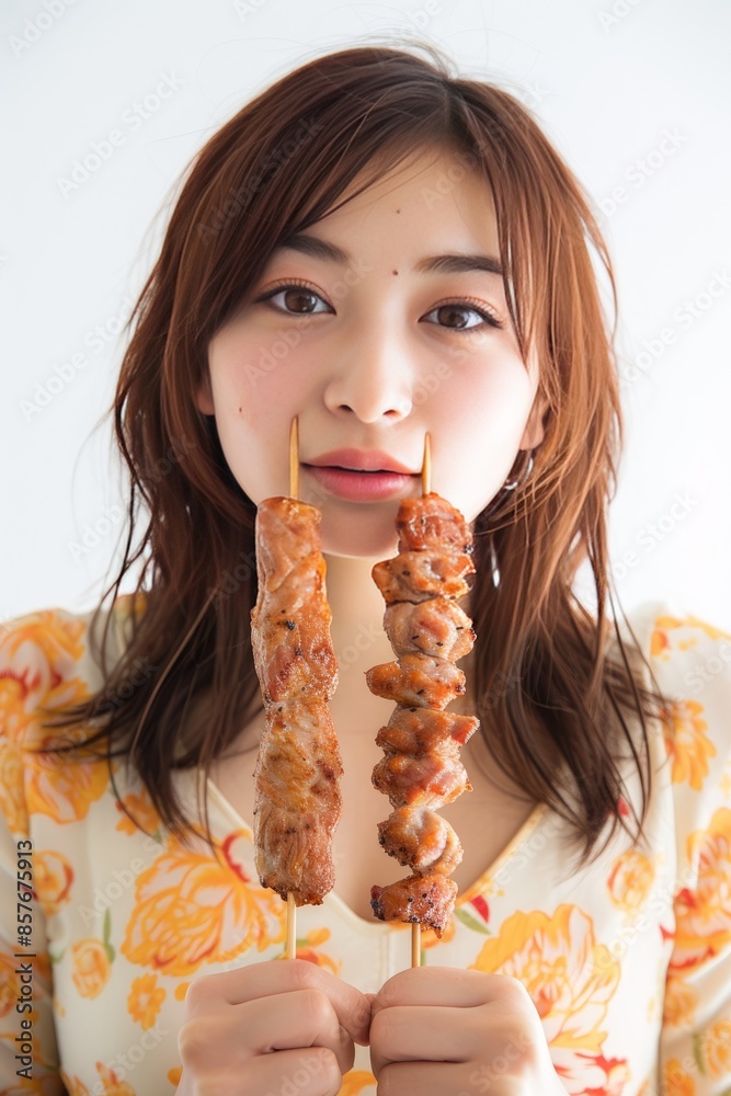 Pretty young women super model of Japanese ethnicity holding Seekh ...
