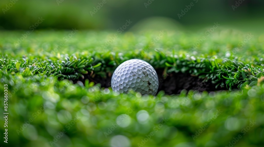 Golf ball teetering on the brink of the hole, close-up view, lush ...