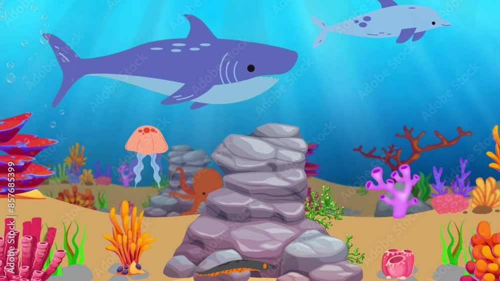 Undersea environment with reefs, fishs shark dolphino cartoon animation ...
