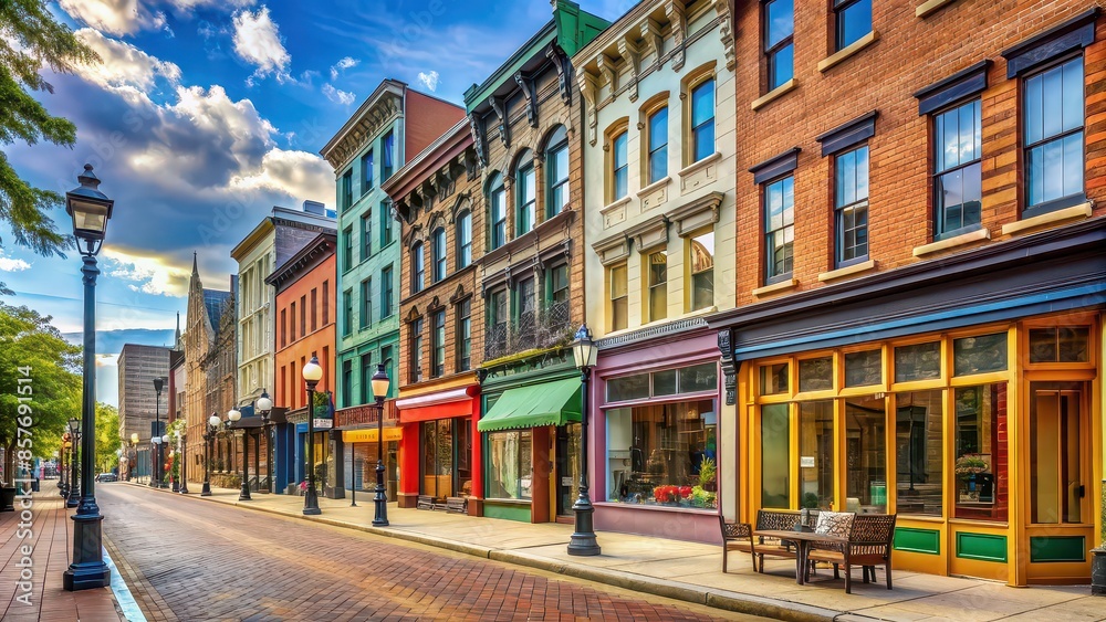 Empty city street with colorful buildings and storefronts , urban ...
