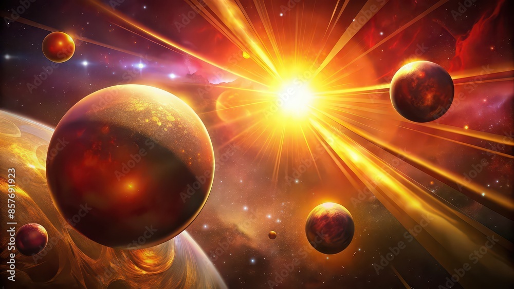 Abstract background featuring planets in gold and red color tones with ...
