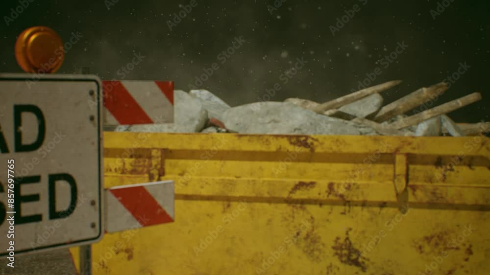 Construction site elements with road closed sign and dust particles, 3D ...