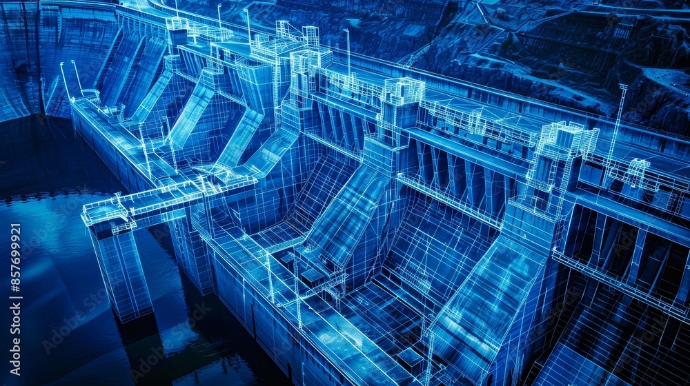 Illuminated hydraulic dam blueprint featuring rich blue accents in high ...
