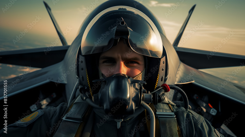 Fighter pilot in a cockpit wearing a helmet and oxygen mask, flying an ...