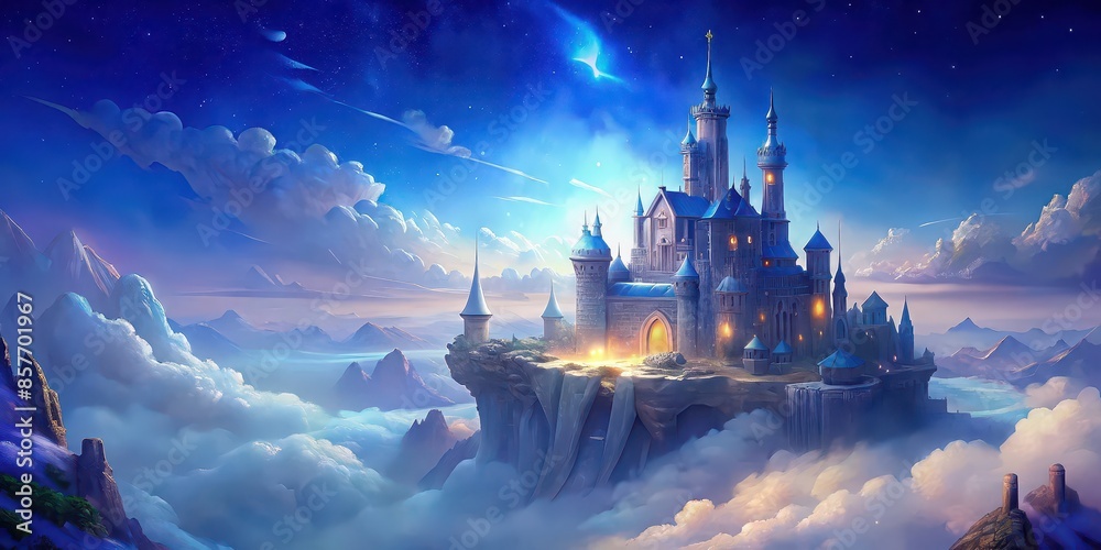 Fantasy of a castle in the clouds with a beautiful blue sky background ...