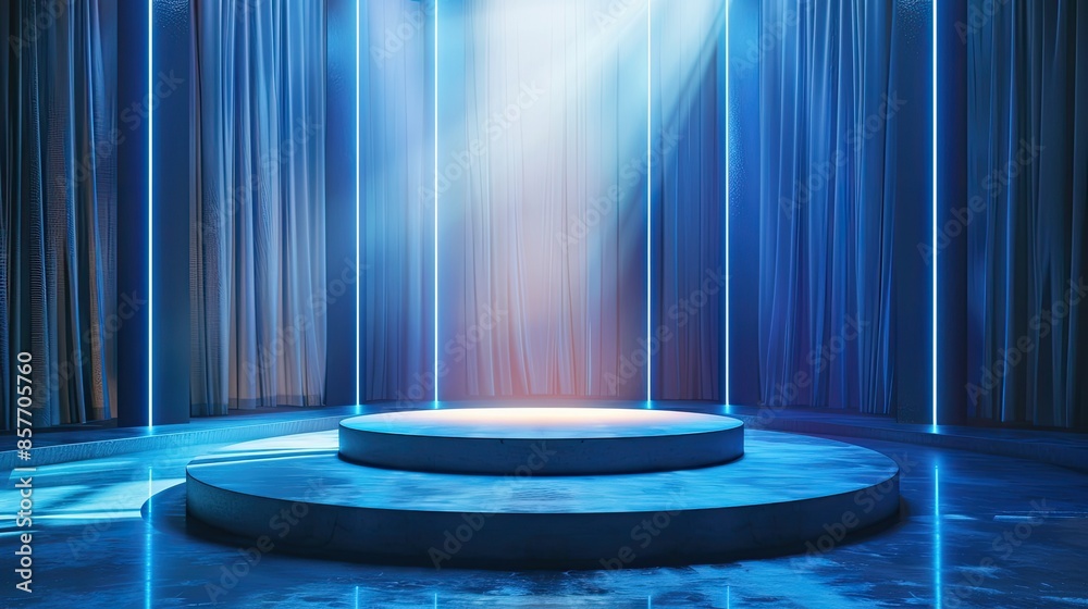 Cool blue stage with curtain backdrop and spotlight, creating a sleek ...