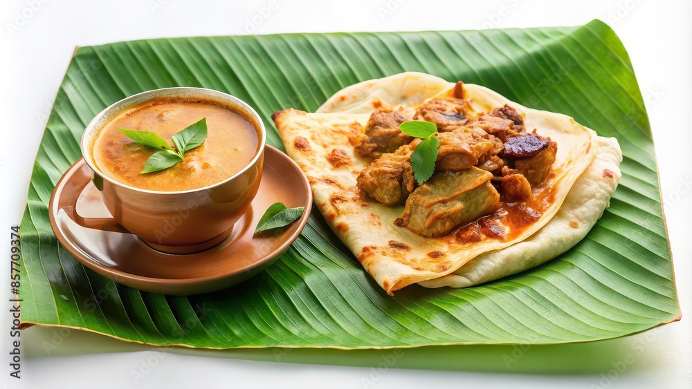 Roti canai and mutton curry served on banana leaf with teh tarik ...