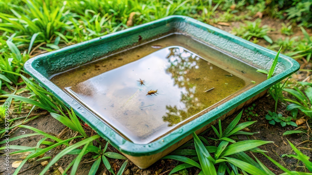 Tray filled with stagnant water, potential mosquito breeding ground ...
