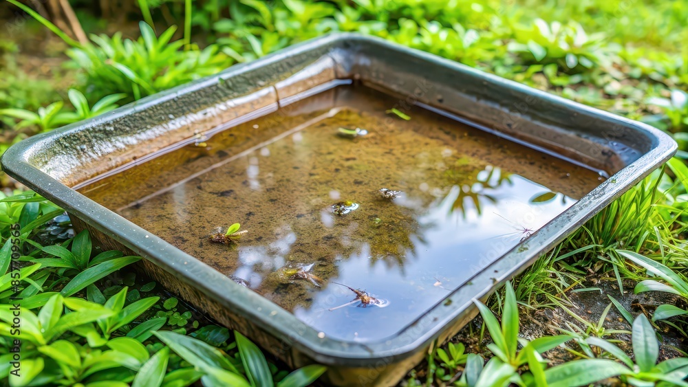 Tray filled with stagnant water, potential mosquito breeding ground ...
