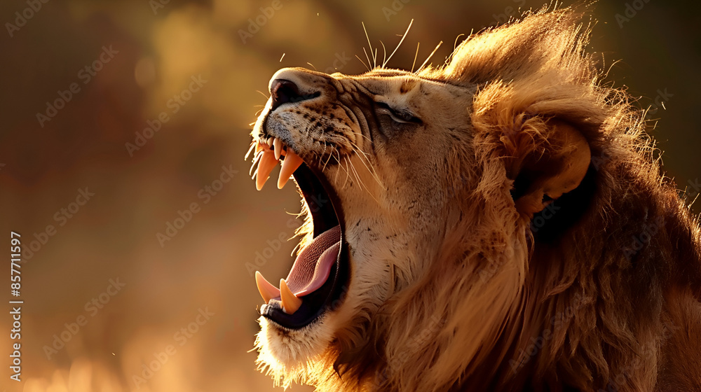 Lion exhibiting a majestic yawn in the midday heat, lion roaring ...