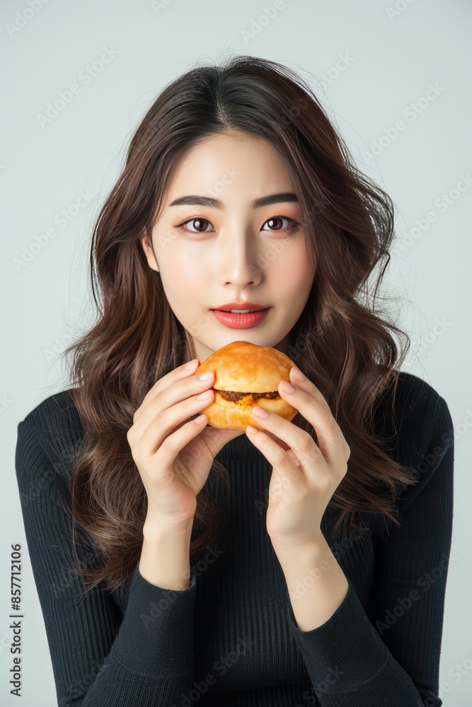 Pretty young women super model of Korean ethnicity holding Pav Vada ...