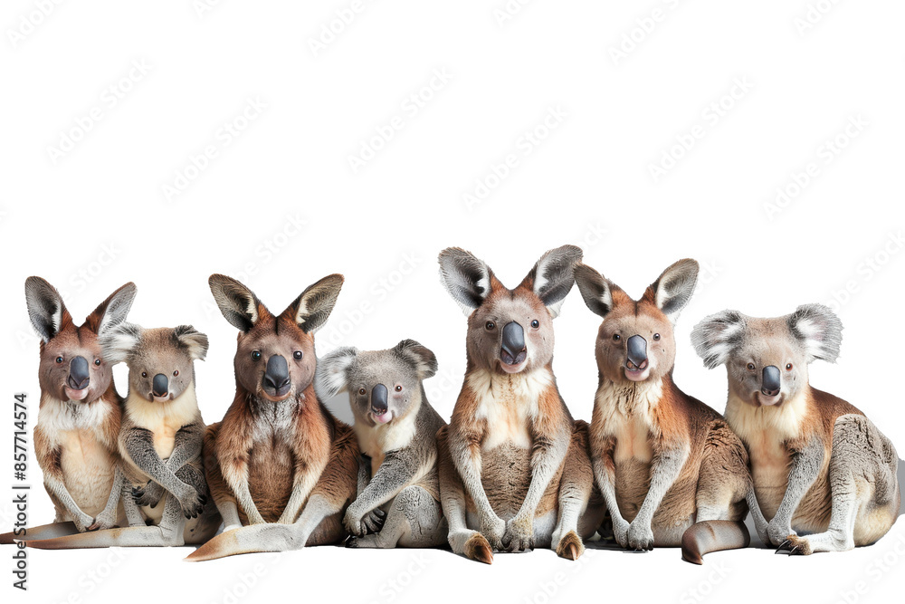 Australian animals like kangaroos and koalas sitting in a row, isolated ...